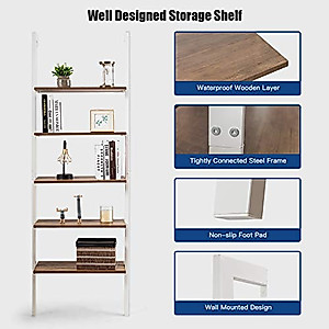 Tangkula 5-Shelf Bookcase, Modern 5-Tier Wood Wall Mounted Ladder Bookshelf with Metal Frame, 72 Inches Tall Industrial Open Ladder Shelf Display Rack Storage Shelves for Home Office (White, 1)