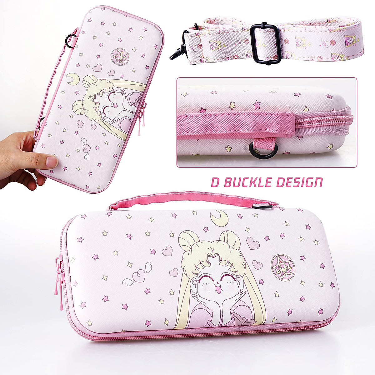 RHOTALL Case Compatible with Nintendo Switch & Switch OLED Carrying Case 2 in 1 Shoulder & Hand Strap, Protective Hard Portable Travel Carry Case Shell Pouch for Switch Accessories (Moon Pink)