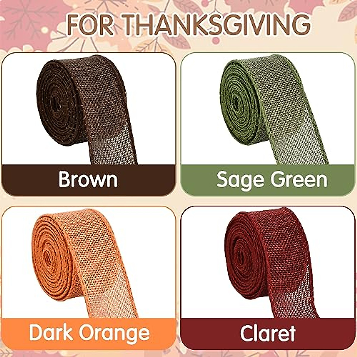 TONIFUL 1.5 Inch 4 Rolls Set Fall Ribbons Orange, Dark Red, Grass Green, Brown Burlap Wired Ribbons, for Thanksgiving Fall Wreath Home Decor Tree Topper Bow Decorations (6 yds/roll)