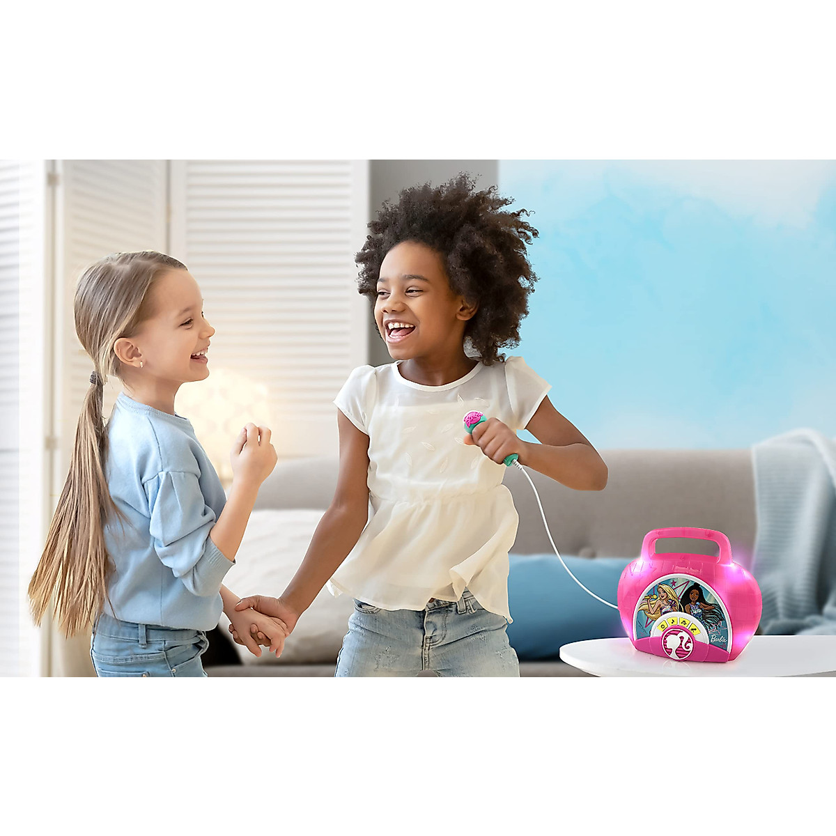 eKids Barbie Sing Along Boom Box Speaker with Microphone for Fans of Barbie Toys, Kids Karaoke Machine with Built in Music and Flashing Lights