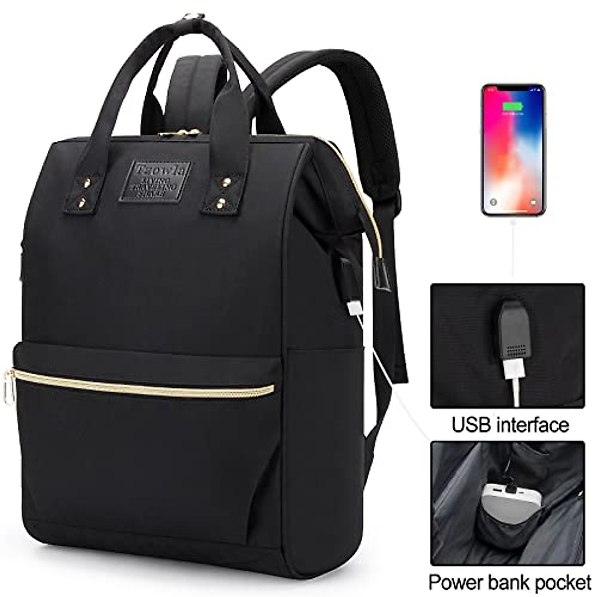 Tzowla Laptop Backpack for Women, Carry on Backpack, Durable Water Resistant, Light Weight, Reinforced Edges and Steel Frame, Metal Zippers, Travel, Black, 15.6 Inch