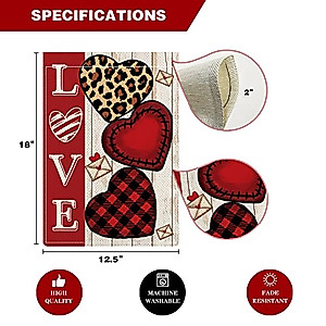 YOVOYOA Happy Valentines Day Garden Flag, 12.5 x 18" Vertical Double Sided Heart Anniversary Wedding Burlap Flag, Rustic Love Leopard Print Buffalo Check Plaid Flag for Yard Patio Farmhouse Decor