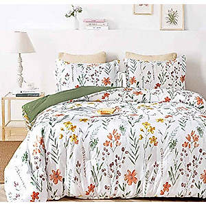 Floral Duvet Cover Full Size - White Yellow Flowers and Green Leaf Spring Botanical Printed Microfiber Comforter Cover Set - 3PC 80X90 Soft and Lightweight Quilt Cover, Farmhouse Style for Women Men
