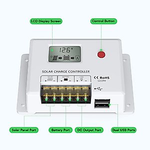30A Solar Charge Controller, Bateria Power 12V/24V PWM Solar Panel Charger Controller Multi-Function Adjustable LCD Display with Dual USB Port Timer Setting Compatible with LFP, AGM, SLD, FLA