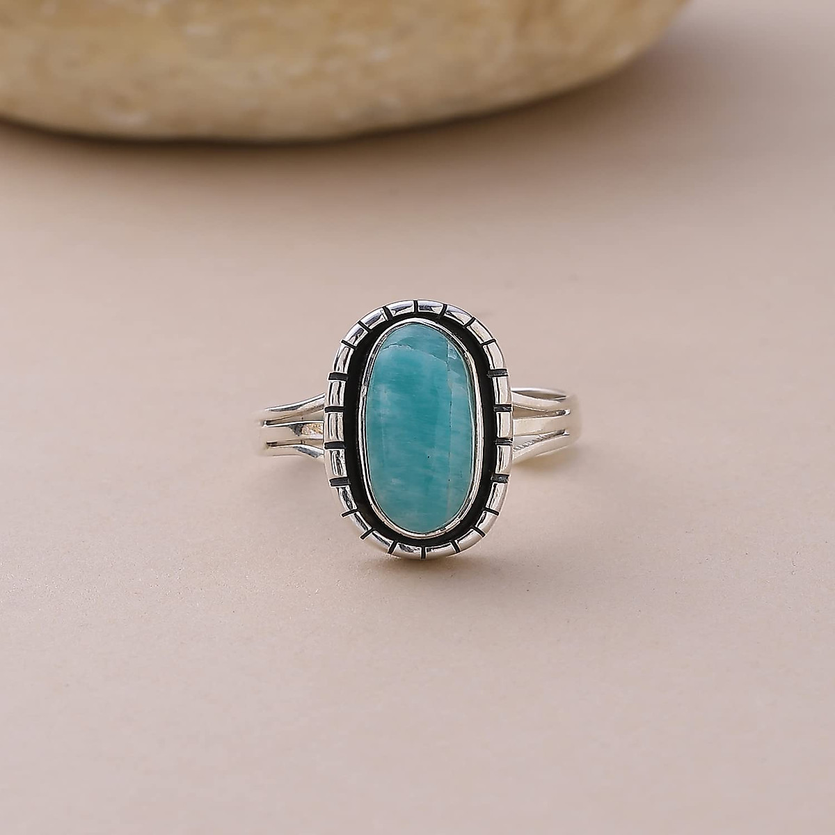 Silver Eternity 925 Sterling Silver Amazonite Ring for Women Statement Ring Silver Natural Blue Amazonite Ring Jewelry Gift for Women (Blue, Ring Size - 6)