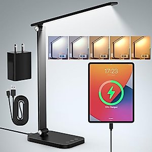 Bright Led Desk Lamp for College Dorm - Foldable Study Desk Light for Home Office, Modern Dorm Study Desk Lamps, 5 Light Mode Dimmable Brightness Eye-Caring Craft Task Lamp Reading Desktop Lamp,Black