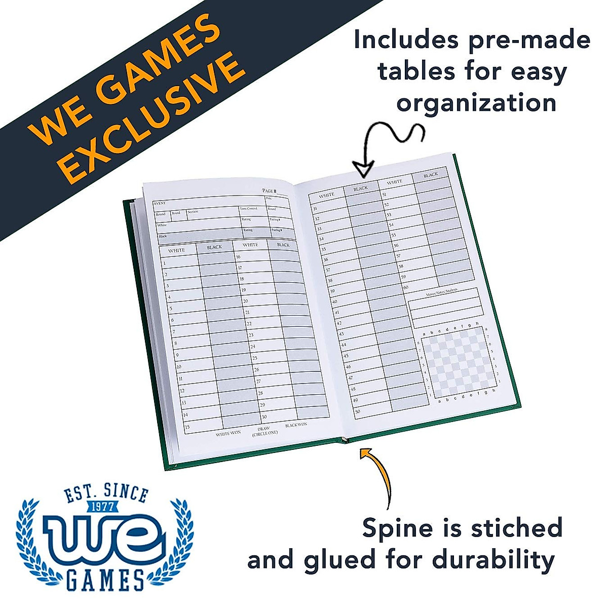 WE Games Chess Scorebook & Chess Notation Book - Green Hardcover Chess Books with 100 Pages, Ideal Chess Score Sheets for Clubs & Tournaments