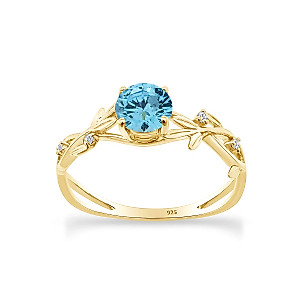AFFY 6MM Round Cut Simulated Aquamarine & White Cubic Zirconia Floral Ring 14k Yellow Gold Over Sterling Silver Ring Size-8.5