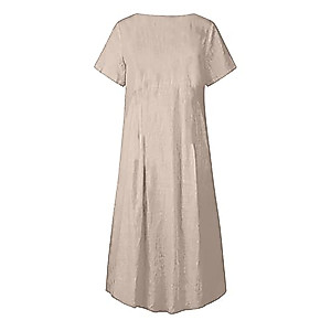 Women's Short Sleeve Crew Neck Loose Midi Linen Dress Casual Summer Solid Color Cotton Linen Dresses with Pockets