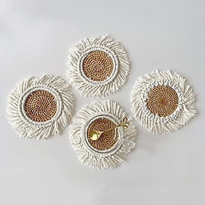 ConspiringUniverse Rattan Macrame Boho Coasters | Bohemian Set of 4 Table Decor Cute Coaster Woven with Flat Absorbent Center for Desk, White, Tan