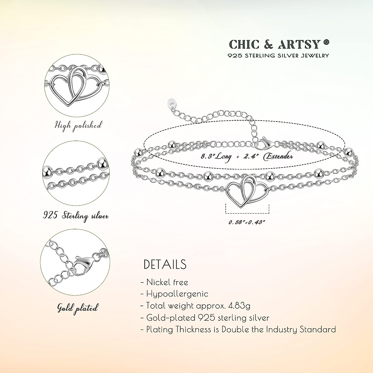 CHIC & ARTSY Double Heart Anklet 925 Sterling Silver Heart Anklets for Women Adjustable Layered Beach Anklets 11 Inches Boho Double Chain 2 Heart Ankle Bracelet