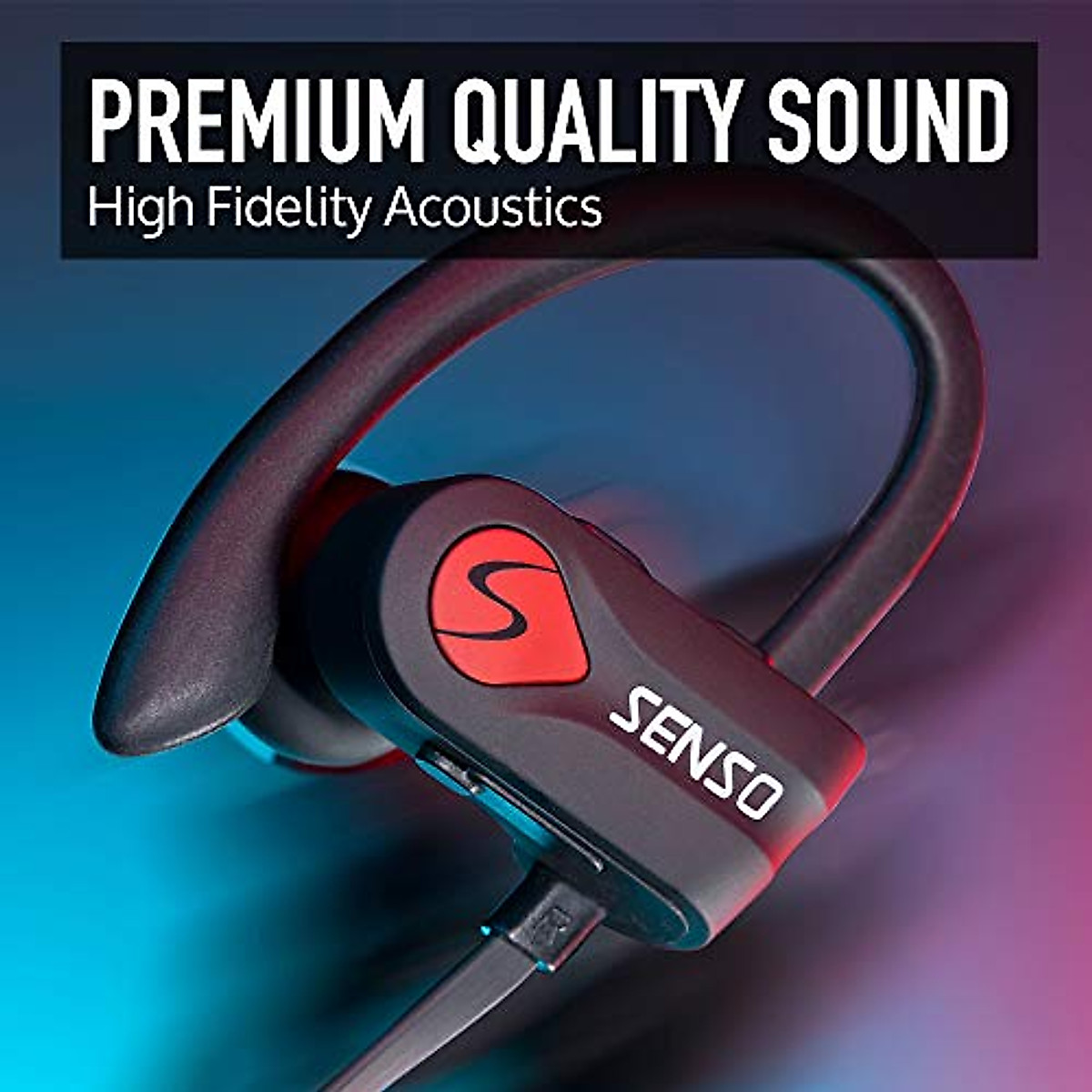 Senso Bluetooth Headphones, Best Wireless Sports Earphones w/Mic IPX7 Waterproof HD Stereo Sweatproof Earbuds for Gym Running Workout 8 Hour Battery Noise Cancelling Headsets (Black Red)