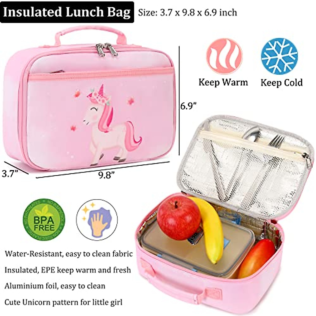 JIANYA Kids Backpack for School Girls Backpack Lunch Box Set Unicorn Preschool Kindergarten Bookbag with Chest Strap