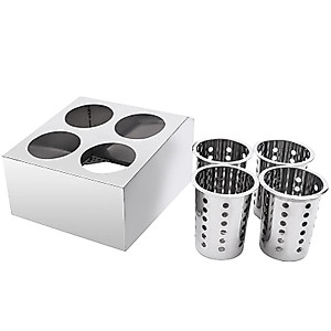 BJTDLLX Commercial 4-Hole Flatware Cylinder Holder with Cups, 4-Compartment Stainless Steel Cylinder Flatware Silverware Caddy Utensil Holder Organizer Canddy Countertop for Restaurant Kitchen