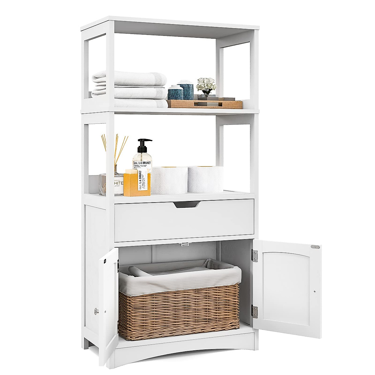 GLACER Large Bathroom Floor Cabinet, Freestanding Multipurpose Storage Cabinet with Drawer, 2 Open Shelves and Door Cupboard for Bathroom, Kitchen or Living Room, 24 x 13 x 48 inches (White)