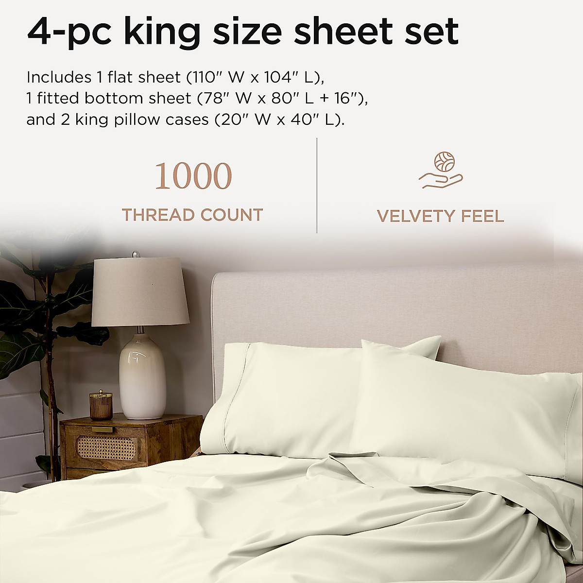 Threadmill Certified 100% American Supima Cotton Sheets, King-Sheets, 1000 Thread Count, 4 Piece Luxury Bed Sheets Set, Hotel Quality Sateen Weave, Ivory Sheets with Elasticized Deep Pocket