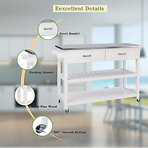 RASOO Kitchen Island White Stainless Steel Top Kitchen Cart On Wheels with 2 Drawers and Storage Shelves, 47.24"x19.68"x35.82"(LxWxH