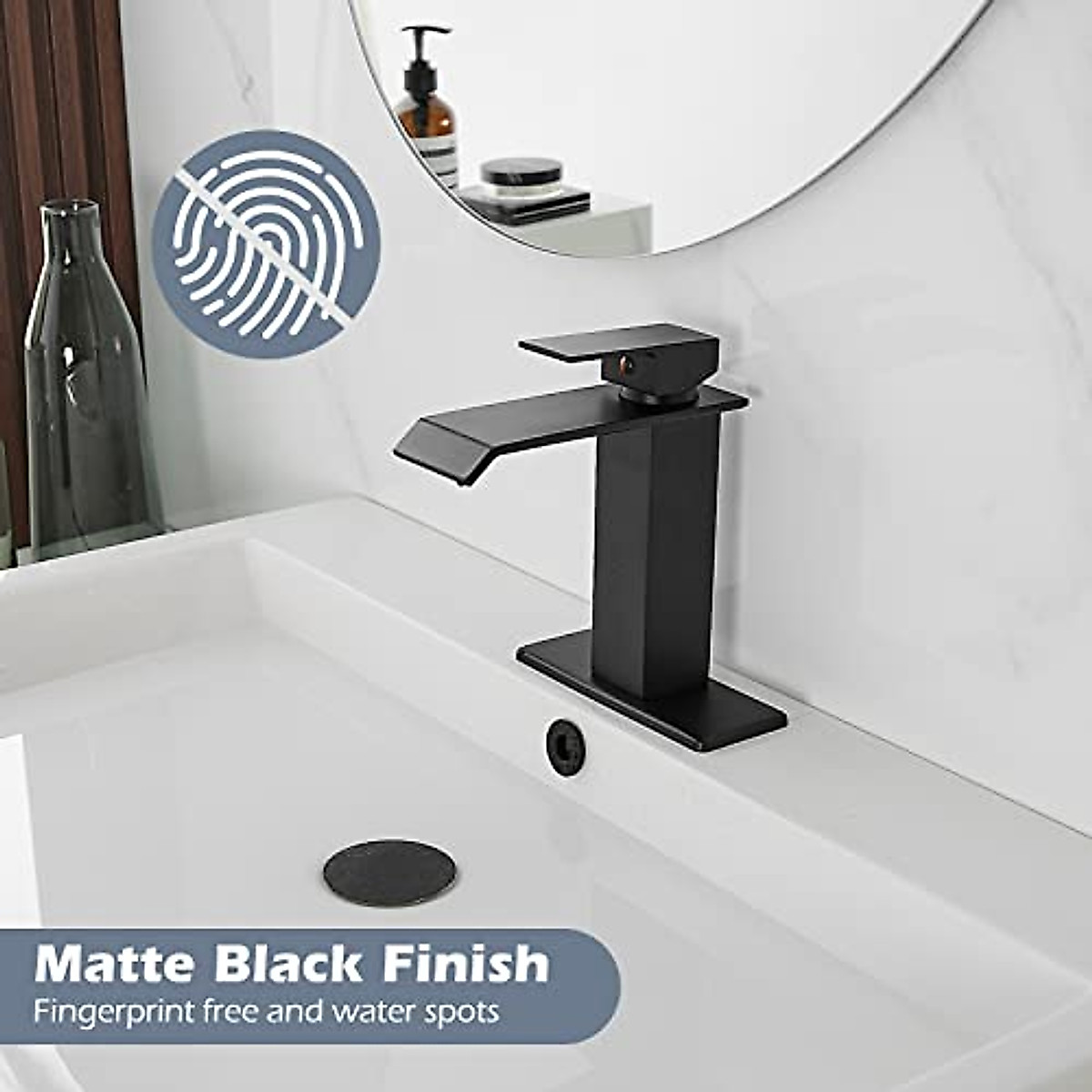 BWE Black Bathroom Faucet Modern Waterfall Matte Black Bathroom Sink Faucet Single Hole with Pop Up Drain Parts Spout Bath Lavatory Vanity Stopper Overflow and Supply Hose Single Handle
