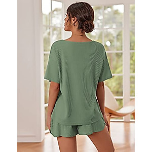 Ekouaer Waffle Knit Pajamas Set Womens Loungewear Short Sleeve Lounge Set 2 Piece PJ Sets S-XXL Grey Green