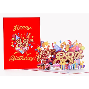 iGifts And Cards Happy 88th Red Birthday 3D Pop Up Greeting Card – Awesome 88 Birthday Card For Woman, Man, Happy Eighty Eight Birthday Gift For Mom, Dad, Wife, Husband Present, 5" X 7"