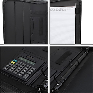 Freeprint Business Portfolio with Zipper 3 Ring Binder Organizer - PU Leather Folder Padfolio Document Organizer with Solar Calculator,Writing Pad