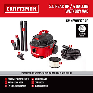 CRAFTSMAN CMXEVBE17040 4 Gallon 5.0 Peak HP Wet Dry Vac, Portable Shop Vacuum Wet and Dry with Filter, Hose and Attachments for Home and Automotive Cleaning