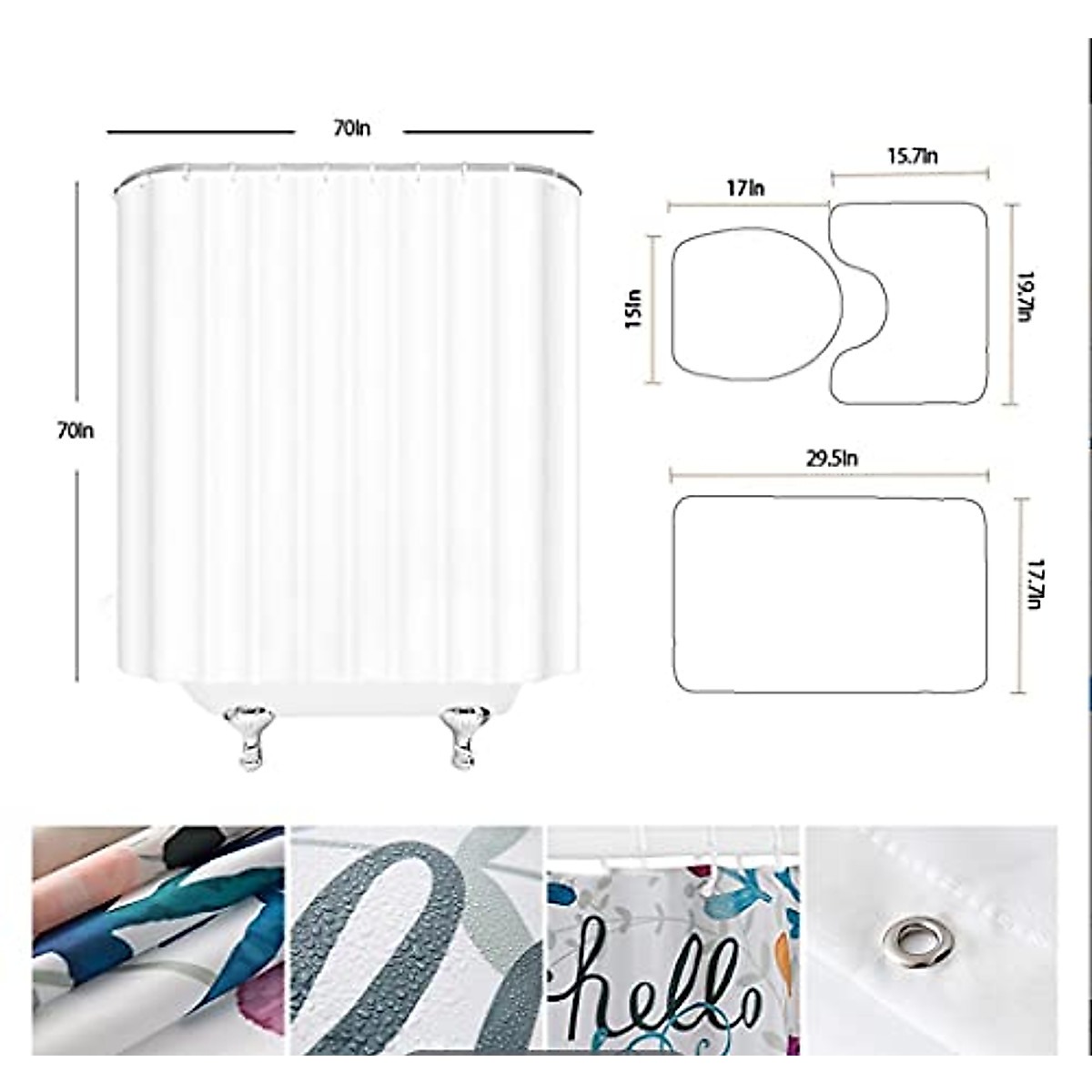 Vainbutry 4 Pieces Merry Christmas Bathroom Set 3D Print Happy New Year Shower Curtain Set for Bathroom Floor Rugs Neon Light Bath Sets 70.2X70.2inch