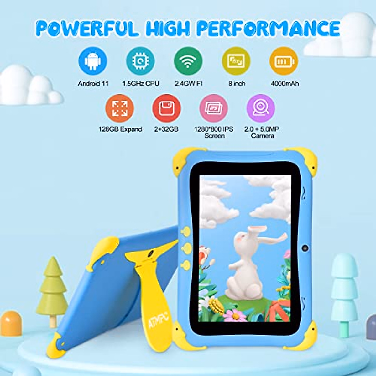 ATMPC 8 inch Tablet for Kids Android 11 Kids Tablet, 2.1GB RAM 32GB ROM, 2.4G WiFi, with Protective, Preinstalled Parental Control Children Education Toddler Tablet, GMS Certified YouTube Netflix