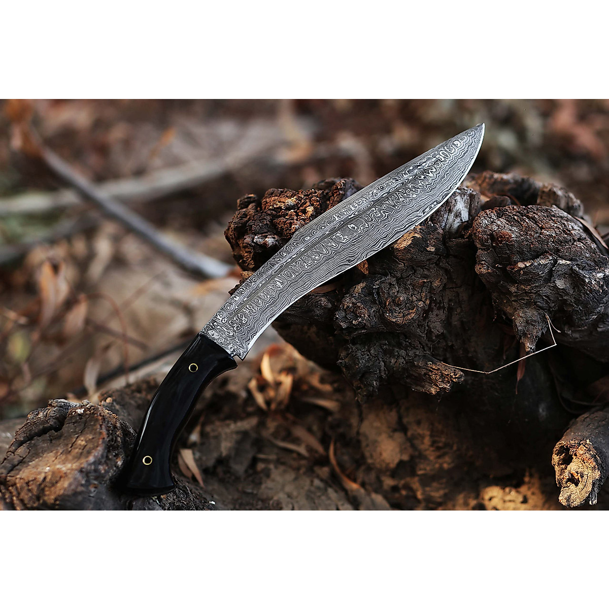 12.5 Inch long Hunting knife, Collectible knife, Natural Camel bone scale embellished with engraved brass finger guard, foil work spacer and pommel, Hand forged Twist pattern Damascus steel blade, Comes with Leather sheath