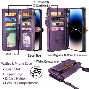 DKDKSIP for iPhone 15 Plus Wallet Case for Women, Support Wireless Charging with RFID Blocking Card Holder, PU Leather Zipper Wallet Detachable Magnetic Phone Case with Crossbody Strap, Purple