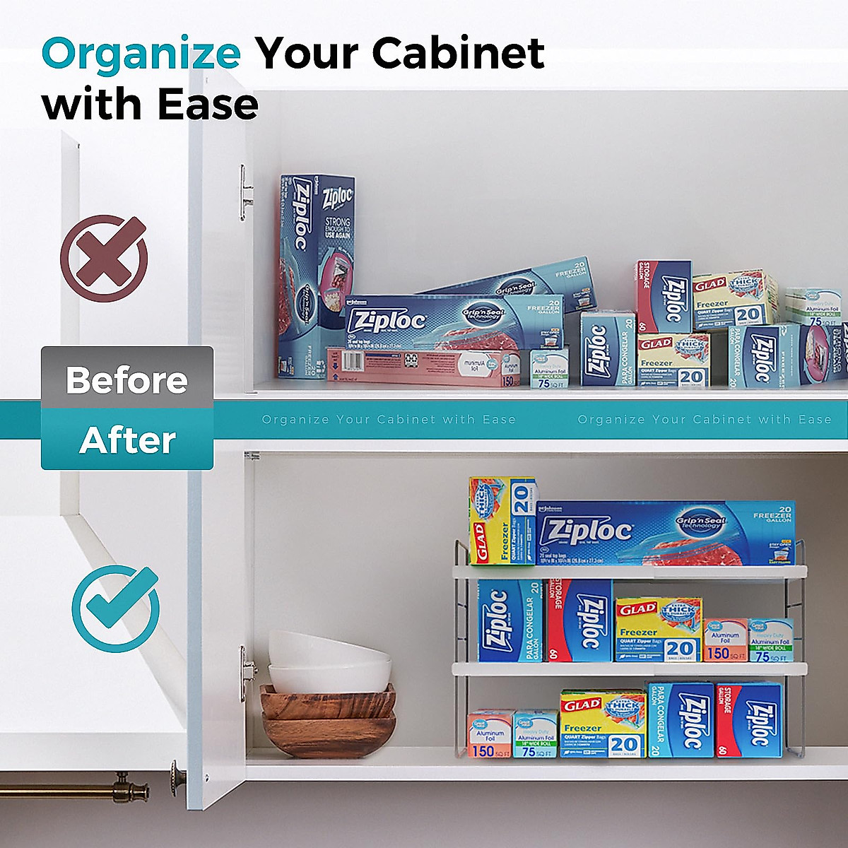 Oylik Expanadable Foil and Plastic Wrap organizer, 3 Tier Stackable Kitchen Cabinet Pantry Storage Shelf, Height Adjustable, Kitchen Organizers and Storage Rack Boxes of Foil Plastic Saran Wrap