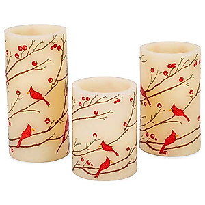 Mark Feldstein & Associates Flameless LED Glitter Berries and Cardinals Wax Pillar Candles with Timer, 3pc Set