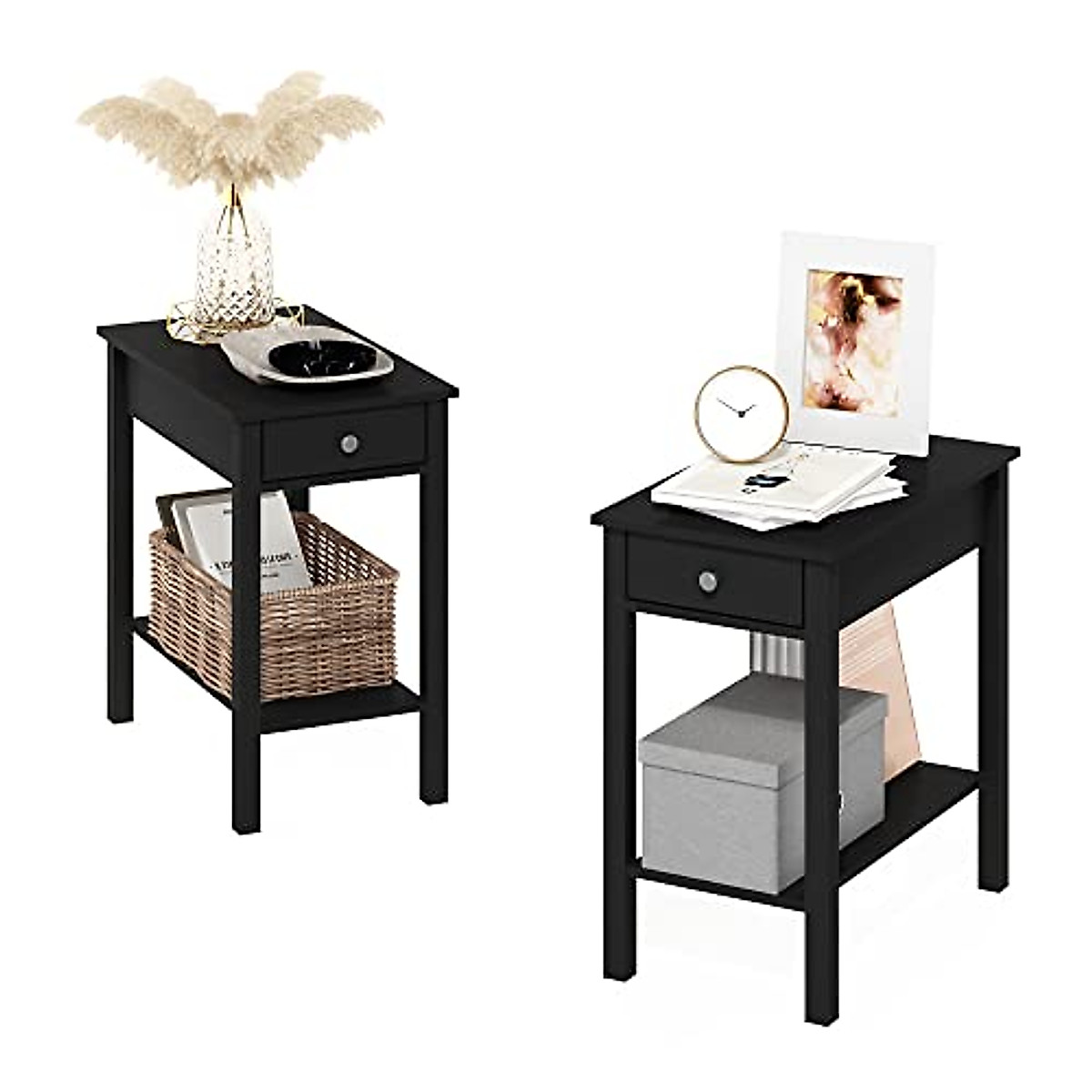 Furinno Classic Rectangular Side Table with Drawer, Set of 2, Americano