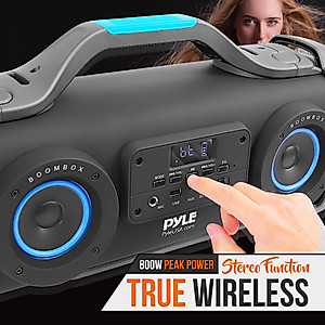 Pyle Wireless Portable Bluetooth Boombox Speaker - 800W Rechargeable Boom Box Speaker Portable Barrel Loud Stereo System with AUX Input, USB, 1/4", Fm Radio, 4" Subwoofer, DJ Lights - PBMSPG148, Black