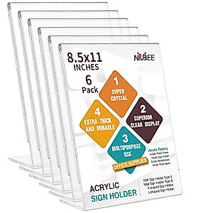 NIUBEE 6Pack 8.5x11 Acrylic Sign Holder with Vertical Slanted Back, Clear Plastic Sign Holder Picture Photo Frames, Flyer Document Paper Display Stand for Office Desktop