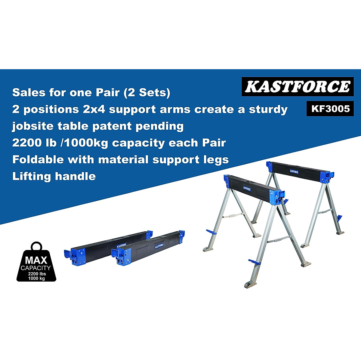 KASTFORCE Folding Sawhorse 2200 lb /1000kg capacity Heavy Duty Jobsite Table Stand with Folding Legs Twin Pack KF3005