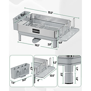 LIONONLY Dish Drying Rack, 304 Stainless Steel Dish Drainers for Kitchen Counter, Durable Dish Strainer with 360° Rotatable Spout, Glass Holder, Utensil Holder, Saving-Space Kitchen Organizer, Grey