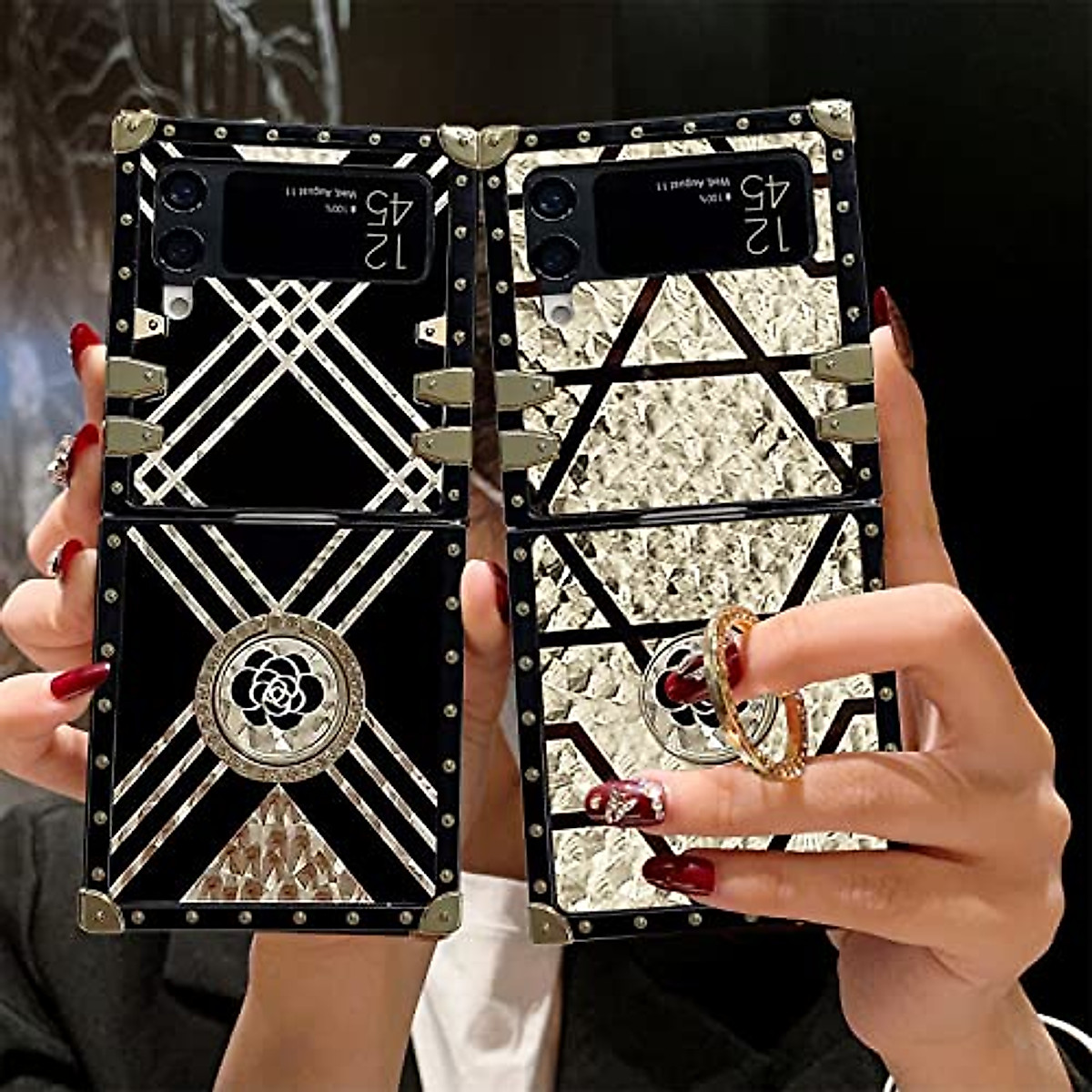 CCSmall Square Phone Case for Samsung Galaxy Z Flip3 with Ring Kickstand for Women Girly, Cute Elegant Metal Decoration Corner Soft TPU Case Cover for Samsung Galaxy Z Flip 3 BF Plaid Gold