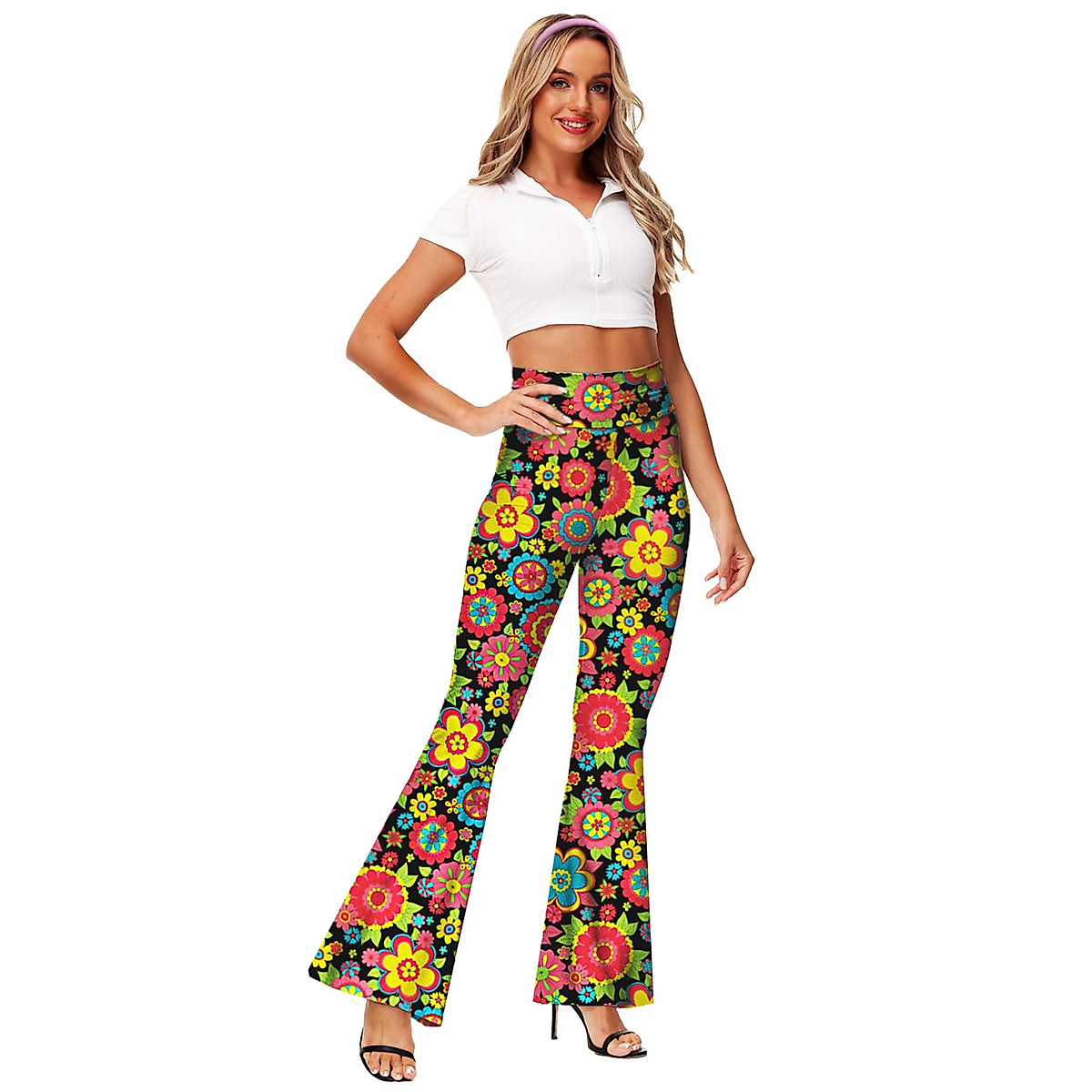 Flare Pants for Women Floral Bell Bottom 70s Hippie Pants High Waist Groovy Boho Yoga Pants XS