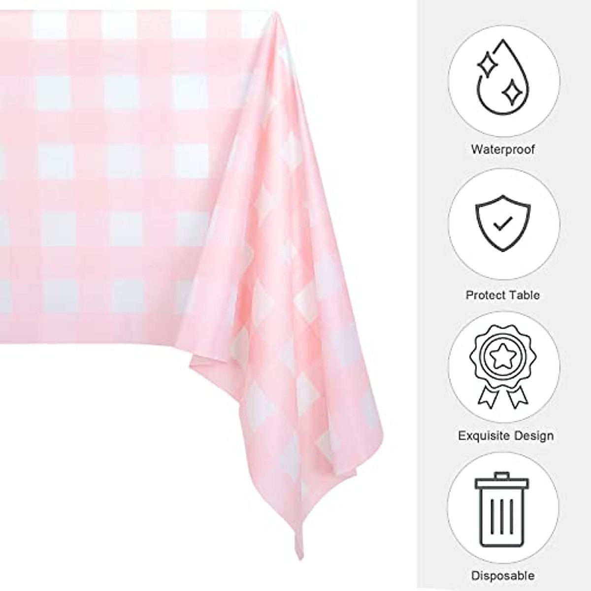 4 Pcs Pink Gingham Tablecloth 54 × 108 Inches Pink and White Checkered Table Cloth Disposable Plastic Waterproof Tablecover for Outdoor Picnic, Birthday Party, Holiday Dinner
