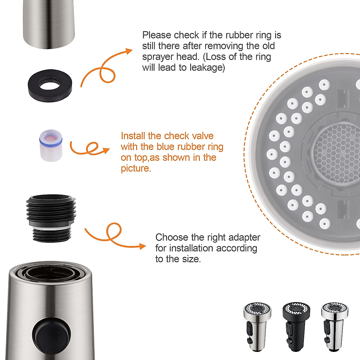 TIORIY Pull Down Spray Head Replacement - for Kitchen Faucet Sprayer Head with 15 Adapters, 3 Function Pull Out Faucet Spray Nozzle, Brushed Nickel