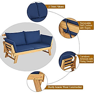 Tangkula Acacia Wood Patio Convertible Couch Sofa Bed with Adjustable Armrest, Outdoor Daybed with Cushion & Pillow, Turquoise & Navy Cushion Cover Sets, Folding Chaise Lounge Bench Ideal for Porch