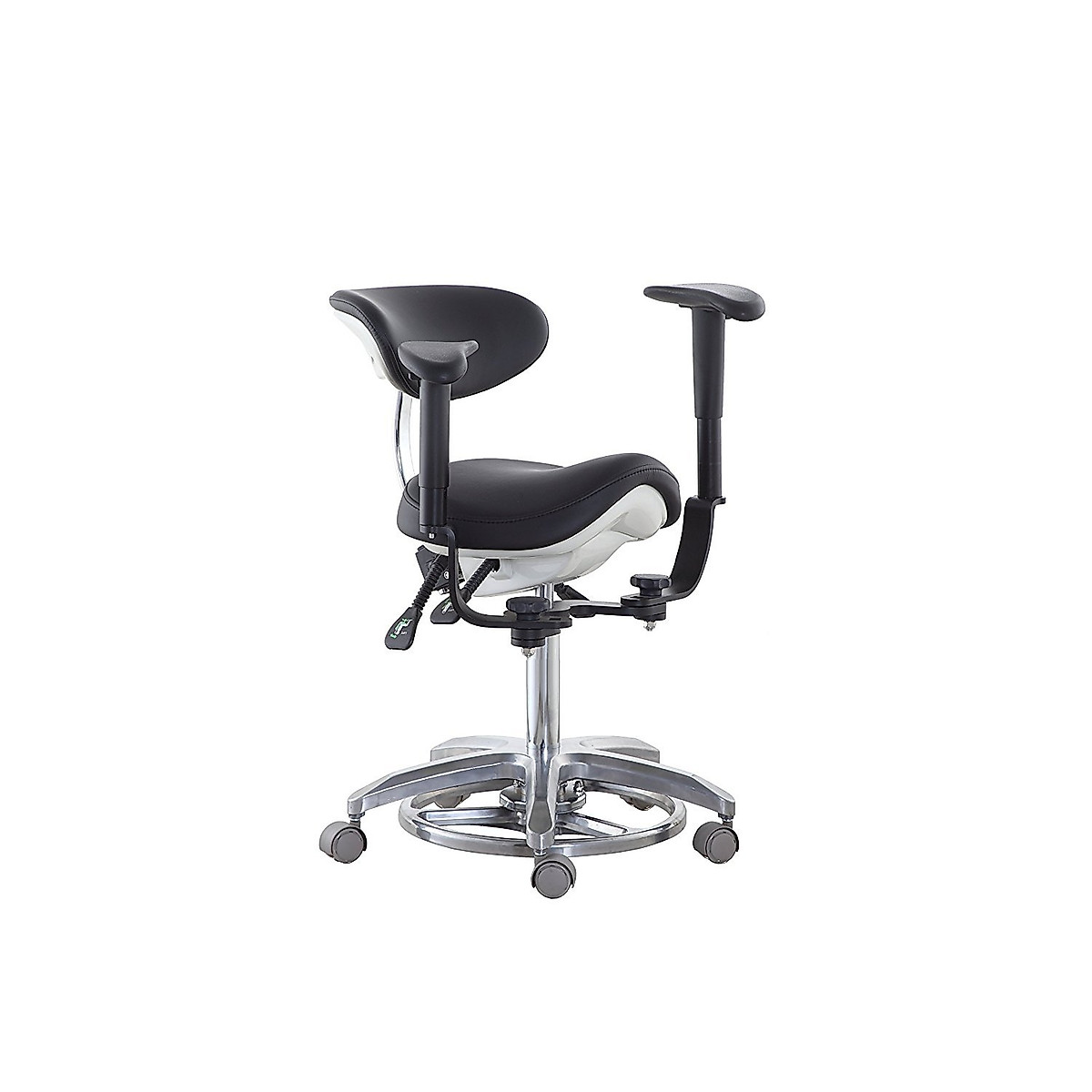 East-New Medical Dental Chair Microscope Saddle Stool Foot Controlled/Pedal Base PU Leather with 45°Swiveling Armrests SDS-FC1