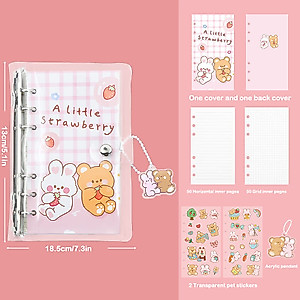2 Pcs Binder Notebook,Rabbit Bear 6 Round Ring Loose Leaf Binder Small Diary Journal Planning Pocket Notebook with Transparent PVC Cover Pendant Sticker Gift for Kid Office Christmas Easter Birthday