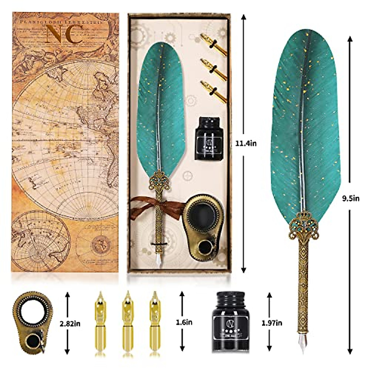 NC Quill Pen Ink Set, Feather Pen Ink Set, Feather Calligraphy Pen Set, Christmas gifts, Valentine’s Day Gift, Birthday Gift, Calligraphy Set Holiday Ideal Gift.(Green)