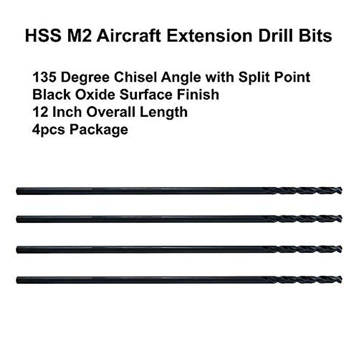 MAXTOOL 1/8"x12" 4pcs Identical Aircraft Extension Drills HSS M2 Extra Long Deep Twist Drill Bits Straight Shank Fully Ground Black; ACF02B12R08P4