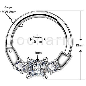 COCHARM 16g Silver 8mm Clicker Septum Rings Clear CZ Diamond Sparkling Daith Earrings Jewelry for Women Men