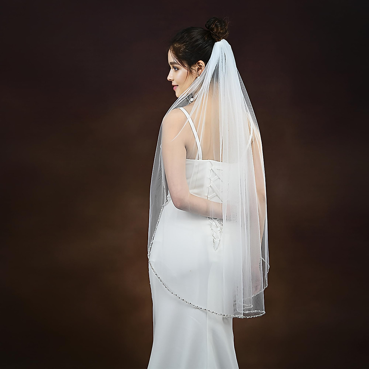 HONGMEI Wedding Veil for Brides 1 Tier Crystal Beaded Fingertip Length Bridal Veil with Comb