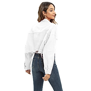 Gacaky Womens Casual Solid Color Ripped Distressed Cropped Denim Jean Jacket Coat With Frayed Hem White S