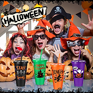 Chuangdi 30 Pack Halloween Plastic Tumbler with Lids and Straws 24 Oz Reusable Halloween Plastic Cups Spooky Halloween Party Cups Bulk for Kids Adults Halloween Party Birthday Supplies(Pumpkin)